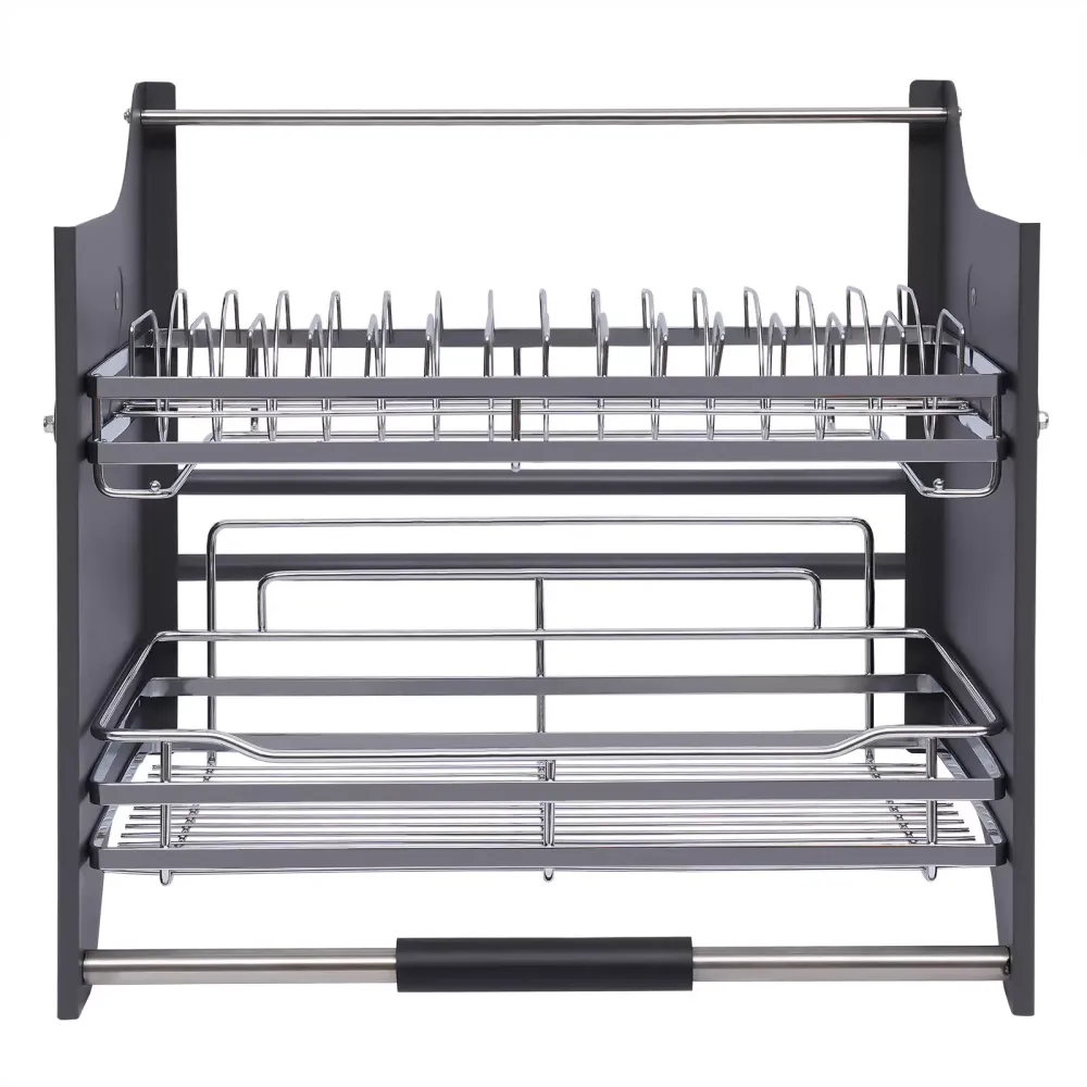 2 Tiers Pull Down Storage Shelf+Drip Tray Stainless Steel Large Capacity
